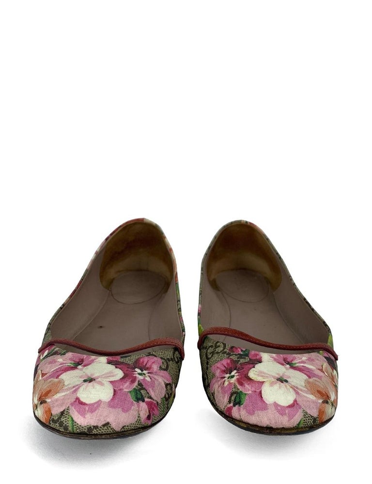 Gucci EU 38.5 Brown Monogram Print Ballet Flats with Multi-color Floral ...