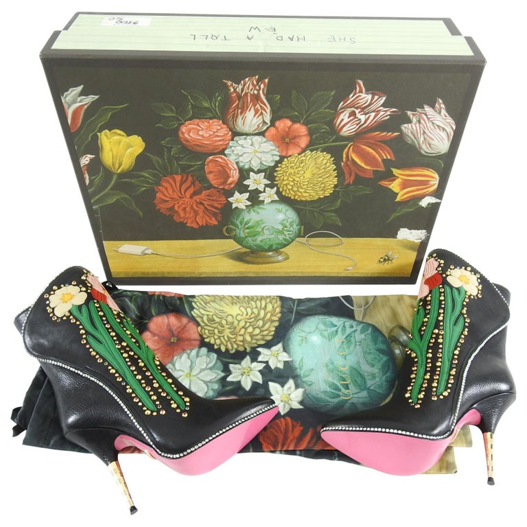 Gucci Fall 2017 Runway Black Crystal Floral Ankle Boots - 5 at 1stDibs