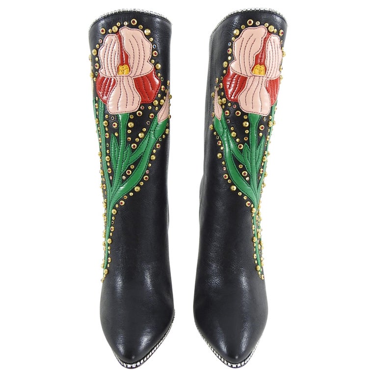 Gucci Fall 2017 Runway Black Crystal Floral Ankle Boots - 5 at 1stDibs