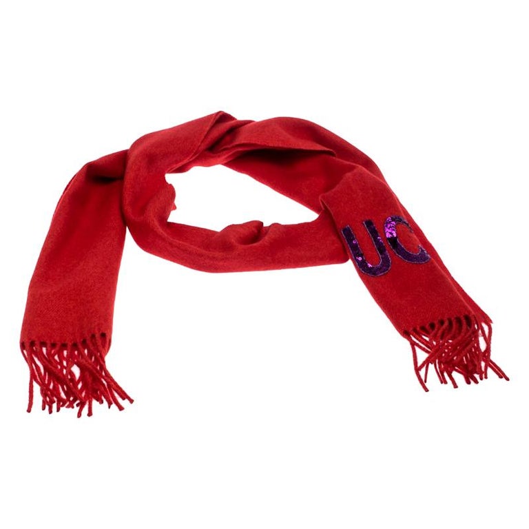 Gucci Flame Red Cashmere Silk Guccy Sequined Applique Scarf at 1stDibs