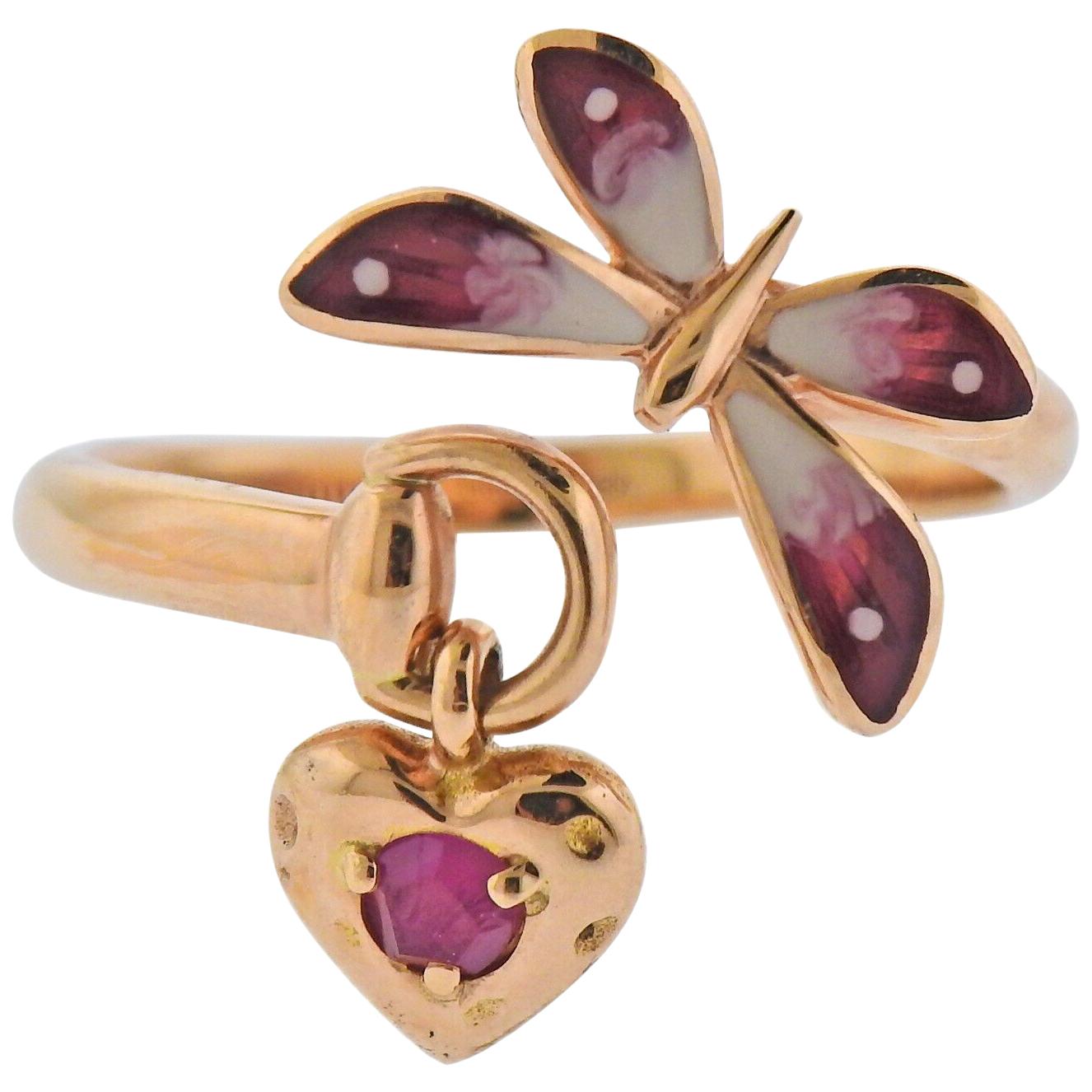Gucci Flora Butterfly Daisy Rose Gold Enamel Ruby Charm Ring For Sale ...