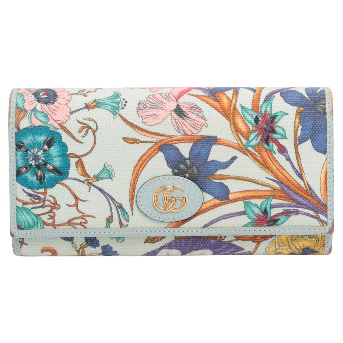 Gucci Flora Canvas Chain Wallet Light Blue For Sale at 1stDibs