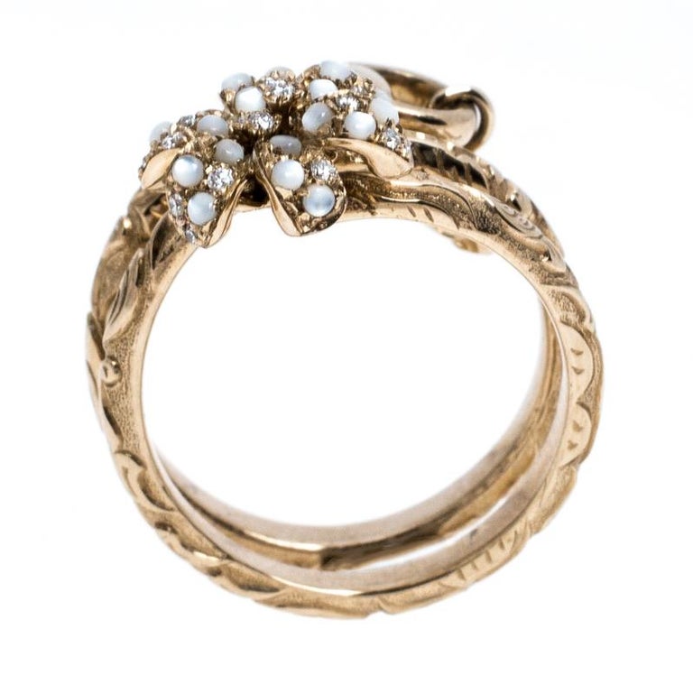 Gucci Flora Diamond 18K Yellow Gold Textured Wrap Charm Ring Size 54.5 ...