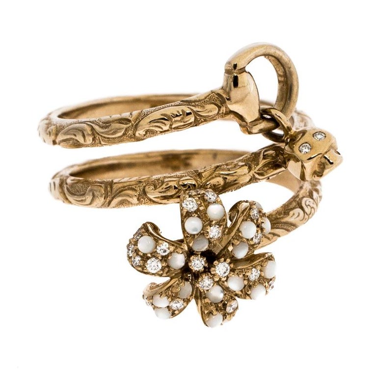 Gucci Flora Diamond 18K Yellow Gold Textured Wrap Charm Ring Size 54.5 ...