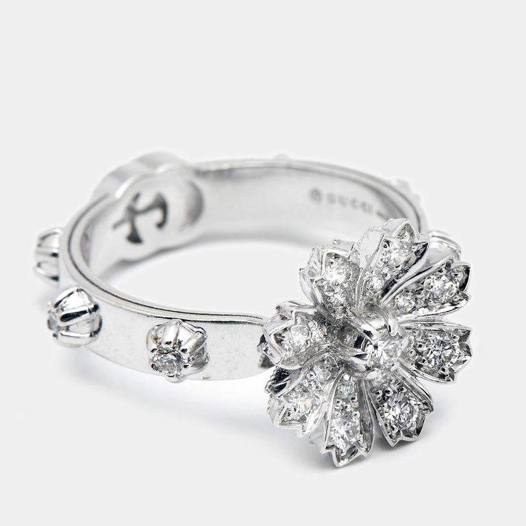Gucci Flora Diamonds 18k White Gold Ring Size 57 For Sale at 1stDibs