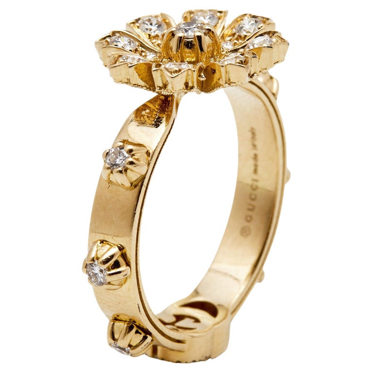 Gucci Flora Diamonds 18k Yellow Gold Ring Size 57 For Sale at 1stDibs