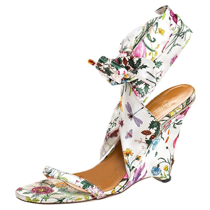 Gucci Floral Printed Satin Ankle Strap Wedge Sandals Size 40 at 1stDibs