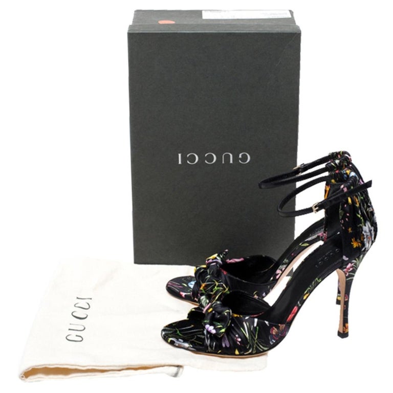 Gucci Floral Printed Silk Bow Ankle Strap Ruffle Detail Sandals Size 38 ...