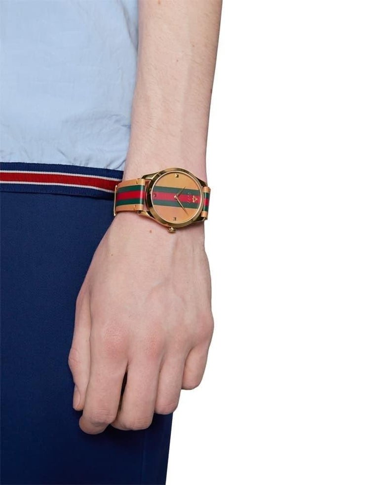 Gucci G-Timeless Le Marche Des Merveil Stripe Motif Dial Leather Watch ...