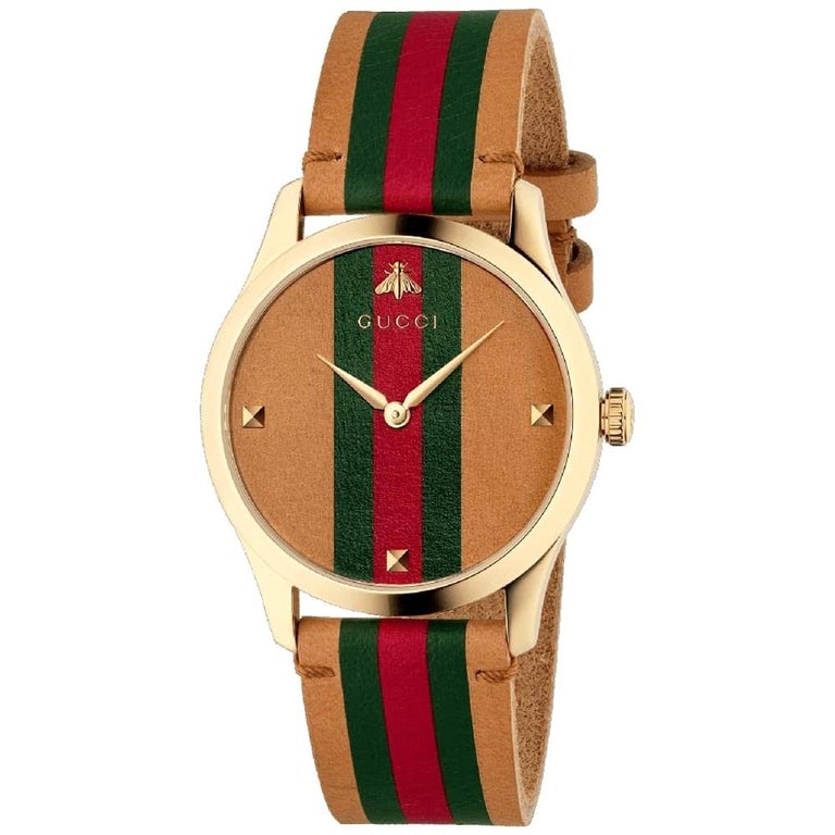 Gucci G-Timeless Le Marche Des Merveil Stripe Motif Dial Leather Watch ...