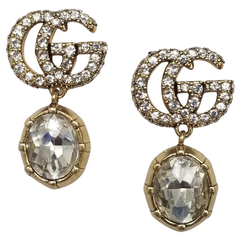 Gucci "GG" Logo in Crystals with Dangling White Faceted Crystal Pendant ...