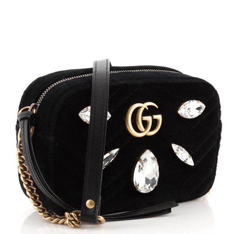Gucci GG Marmont Crystal Emb Matelasse Black Velvet Shoulder Bag at ...