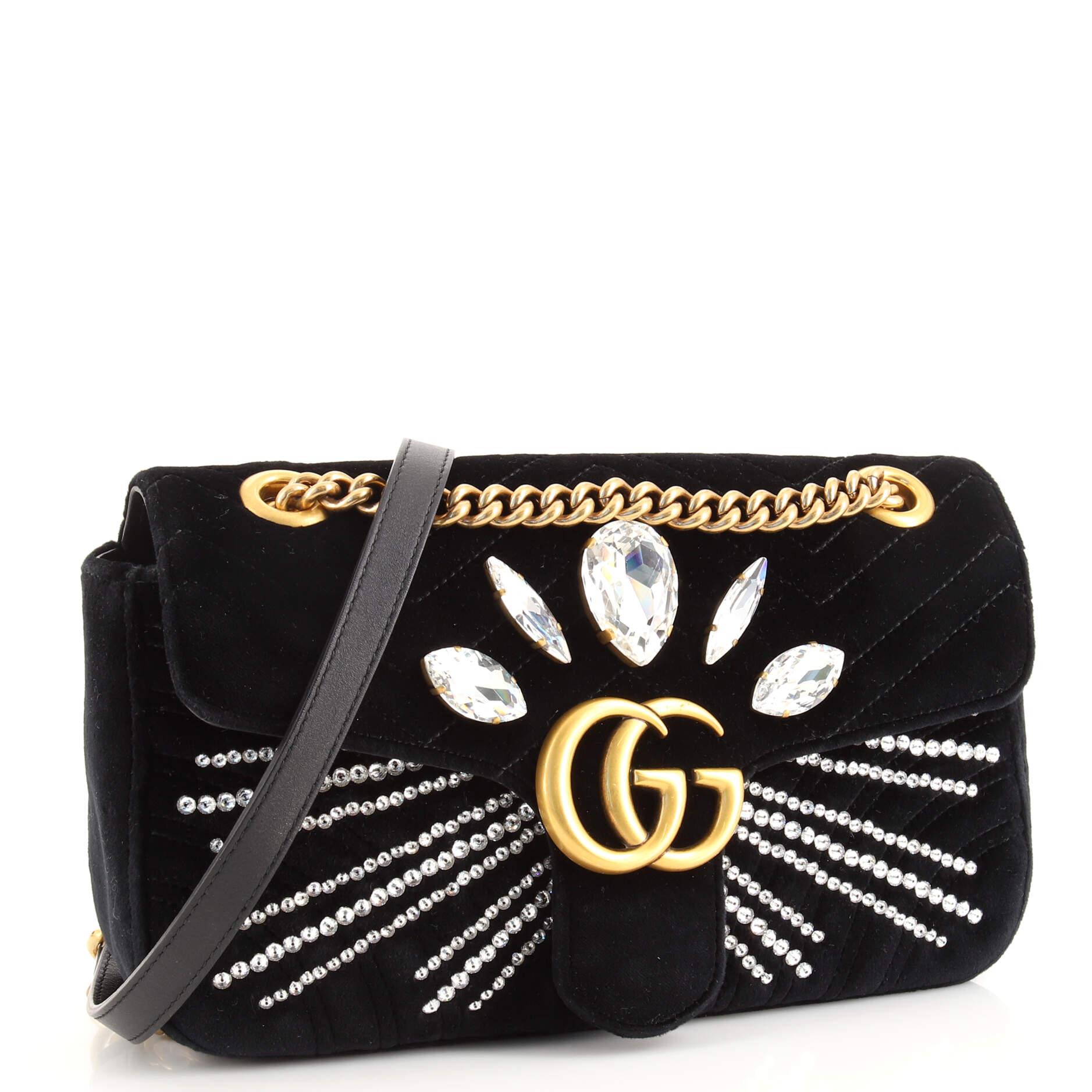 Gucci GG Marmont Flap Bag Crystal Embellished Matelasse Velvet Medium ...