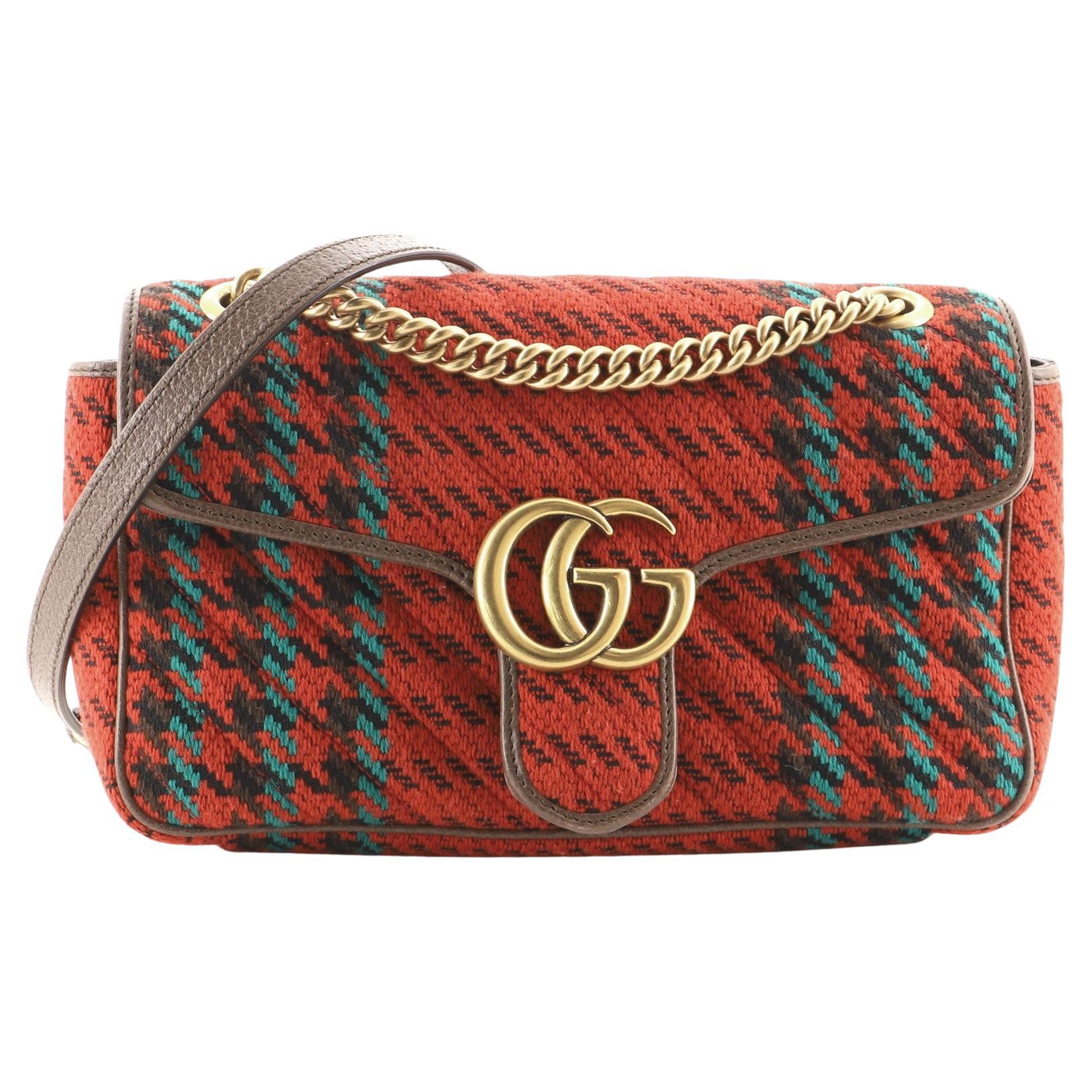 Gucci GG Marmont Flap Bag Diagonal Quilted Tweed Small For Sale at 1stDibs