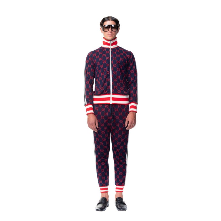 Gucci GG Monogram Red Jacquard Navy Pants (M) For Sale at 1stDibs