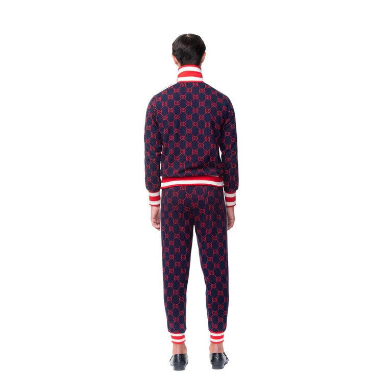 Gucci GG Monogram Red Jacquard Navy Pants (M) For Sale at 1stDibs