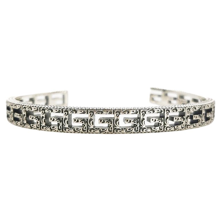 GUCCI GG Silver 925 Logo Bangle Cuff Bracelet Unisex Adjustable Women's ...