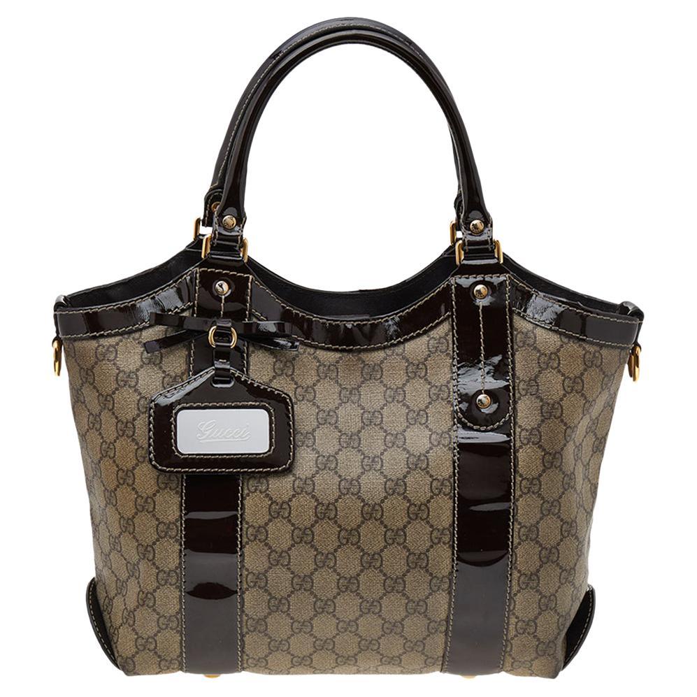 Gucci GG Supreme Coated Canvas And Patent Leather Bow Mirror Sukey Tote ...