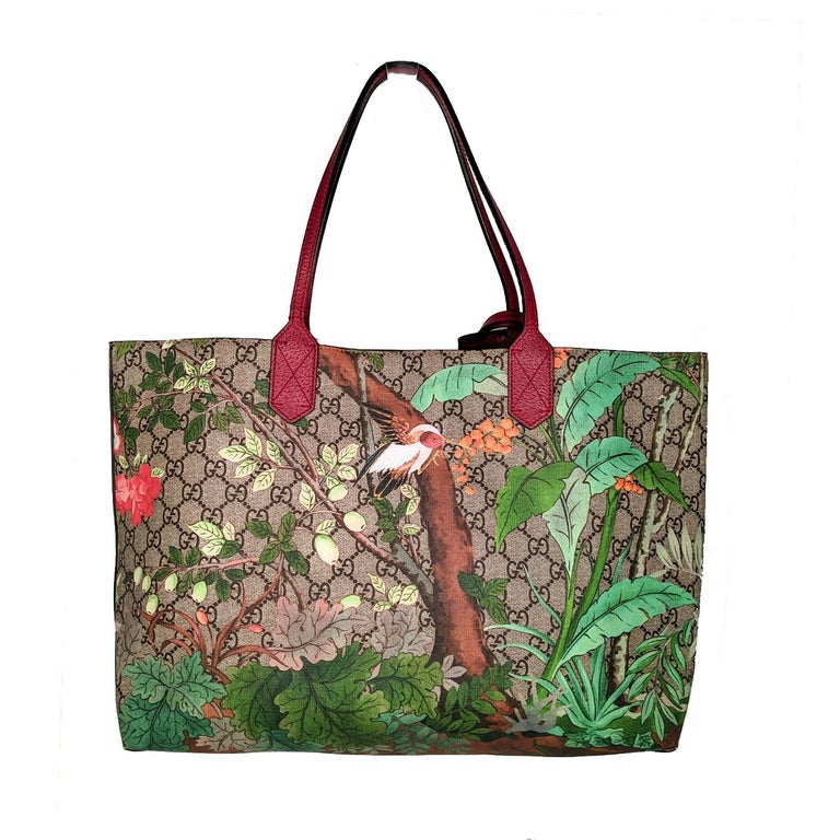 Gucci GG Supreme Monogram Medium Tian Print Tote Red at 1stDibs