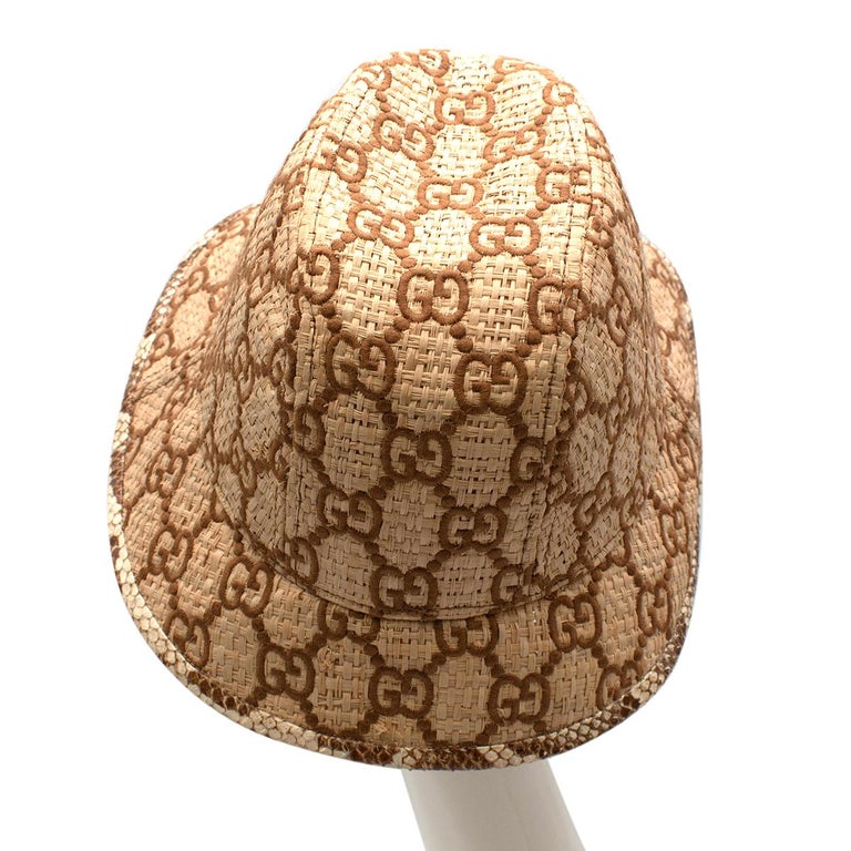 Gucci GG Supreme Snakeskin Trimmed Raffia Fedora - Size L For Sale at ...