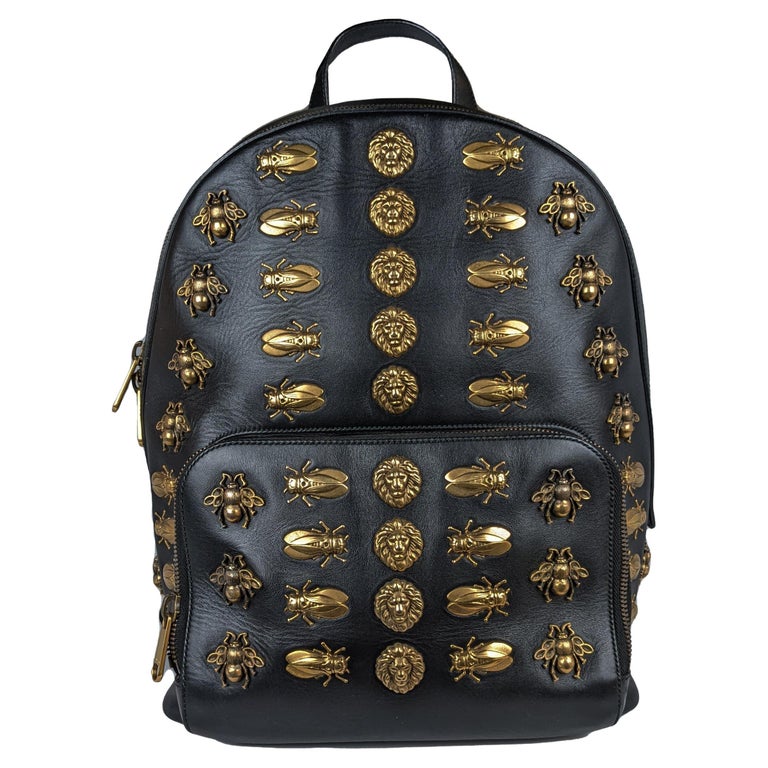 Gucci Gold Animal Studs Black Leather Backpack For Sale at 1stDibs