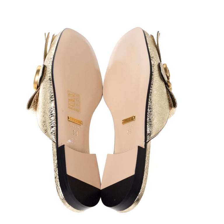 Gucci Gold Foil Leather Marmont Kiltie GG Fringe Mules Size 36 at ...