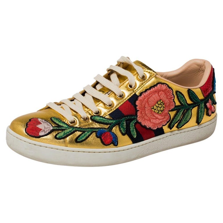 Gucci Gold Leather Ace Lace Up Sneakers Size 37 at 1stDibs