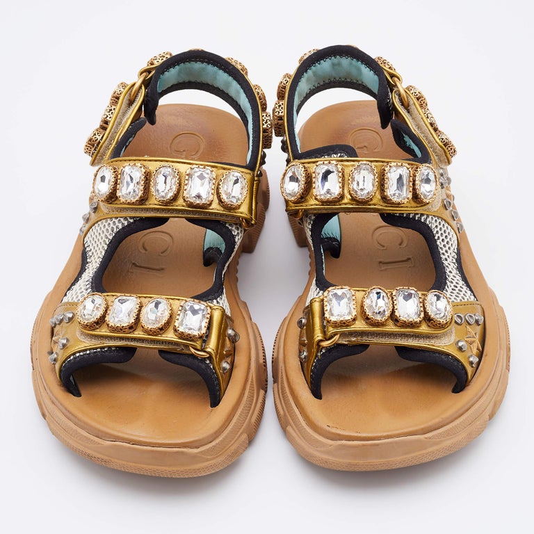 Gucci Gold Leather and Mesh Crystal Aguru Chunky Ankle Strap Sandals ...