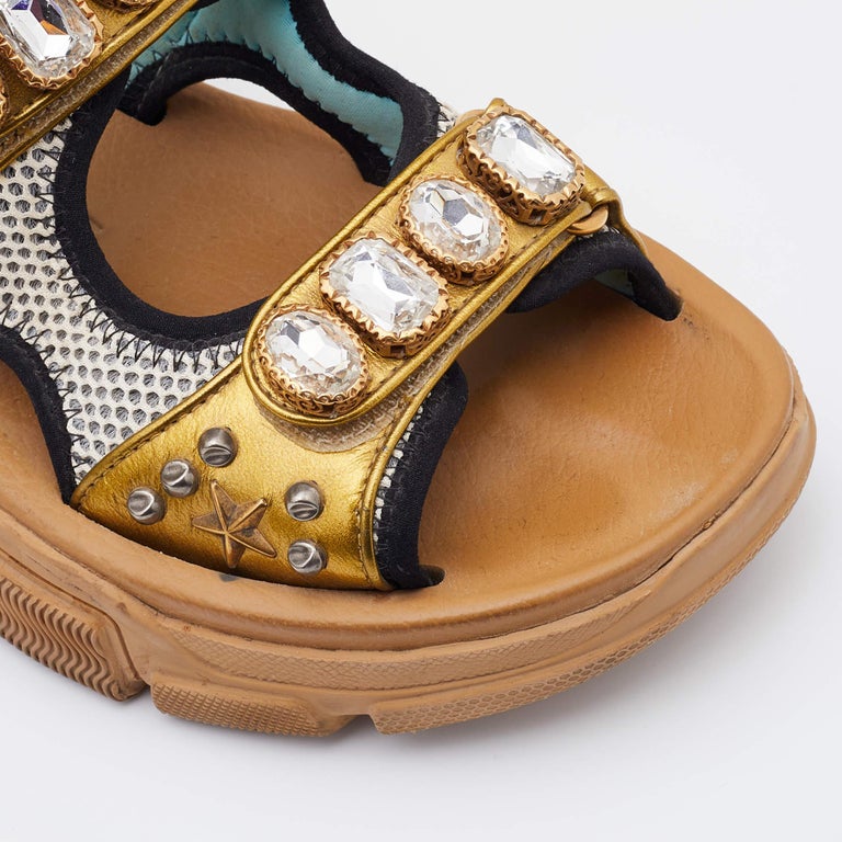 Gucci Gold Leather and Mesh Crystal Aguru Chunky Ankle Strap Sandals ...