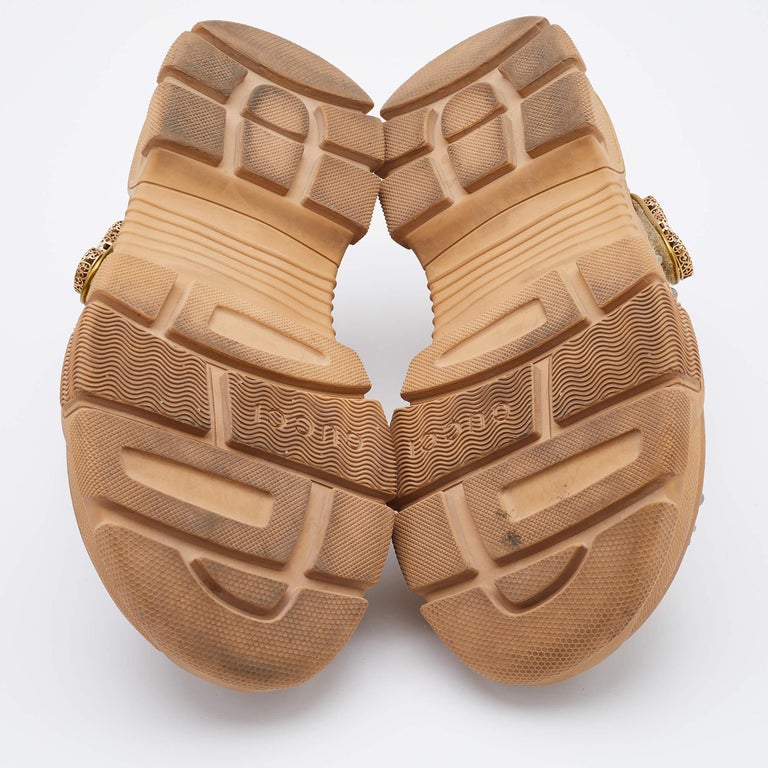 Gucci Gold Leather and Mesh Crystal Aguru Chunky Ankle Strap Sandals ...