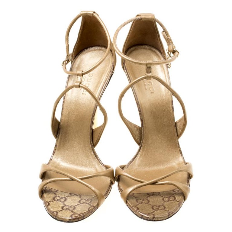 Gucci Gold Leather Ankle Strap Sandals Size 37 For Sale at 1stDibs