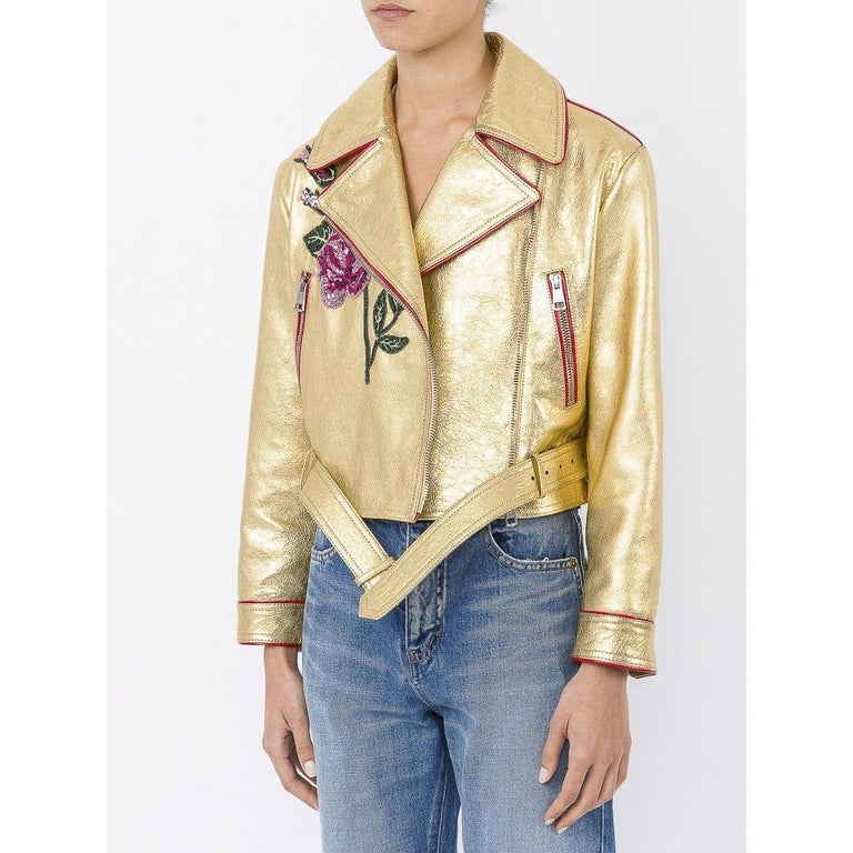 Gucci Gold Leather Biker Jacket with Sequin Embroidery IT40 US 2-4 For ...