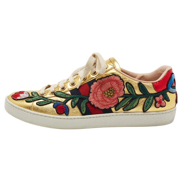 Gucci Gold Leather Floral Embroidered Ace Low-Top Sneakers Size 36.5 ...