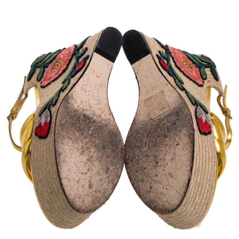 Gucci Gold Leather Floral Embroidered Espadrille Wedge Sandals Size 37. ...