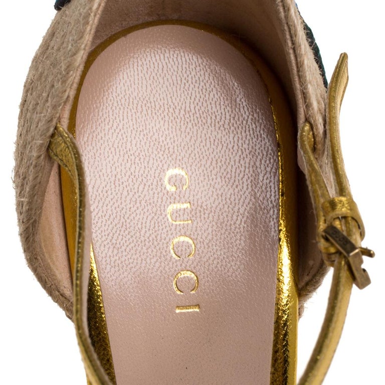 Gucci Gold Leather Floral Embroidered Espadrille Wedge Sandals Size 37. ...
