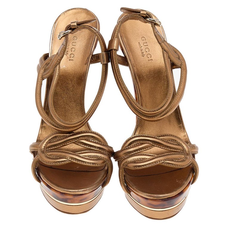 Gucci Gold Leather Platform Ankle Strap Sandals Size 38 For Sale at ...