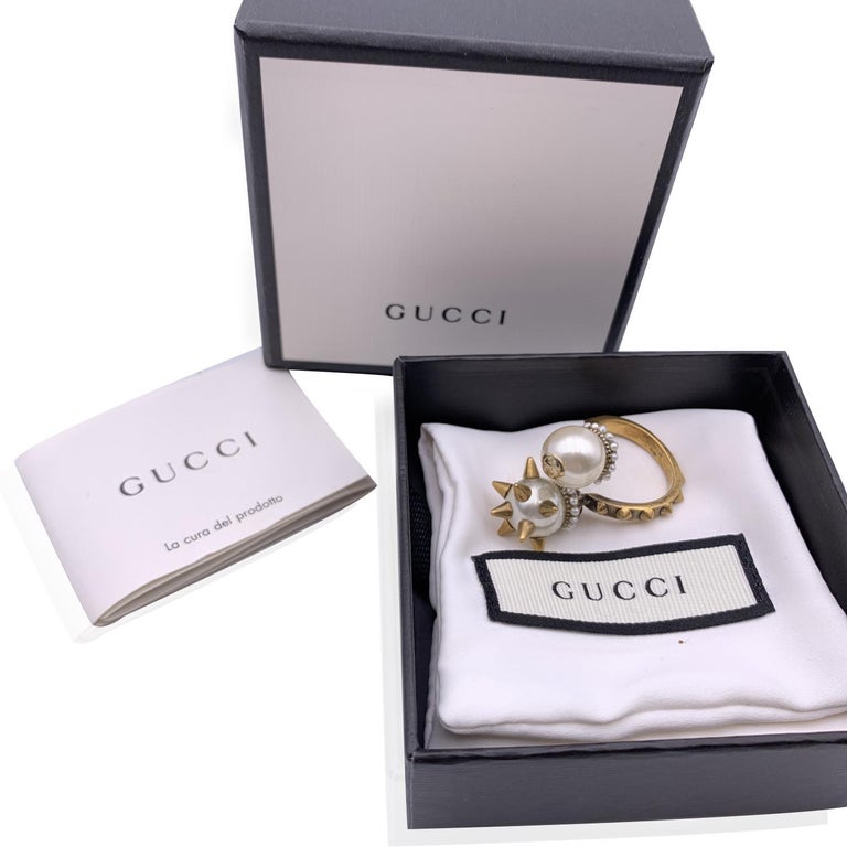 Gucci Gold Metal Double Glass Pearls and Spikes Ring Size 16 For Sale ...