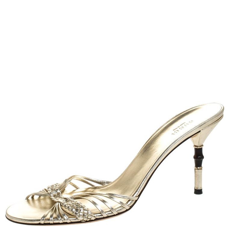 Gucci Gold Metallic Braided Leather Bamboo Heel Sandals Size 41 at ...