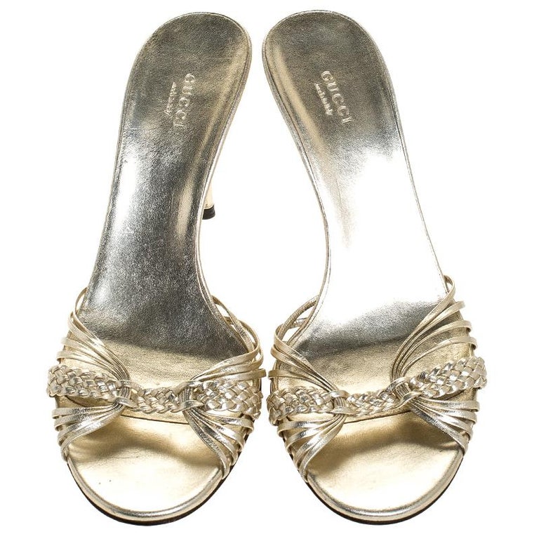 Gucci Gold Metallic Braided Leather Bamboo Heel Sandals Size 41 at ...
