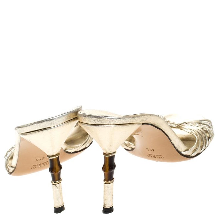 Gucci Gold Metallic Braided Leather Bamboo Heel Sandals Size 41 at ...