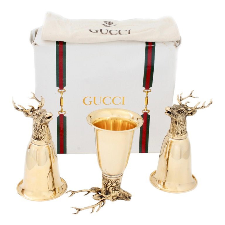 Gucci Gold Plated Stag Goblets Cocktail Cups Barware Set 3pc in Box ...