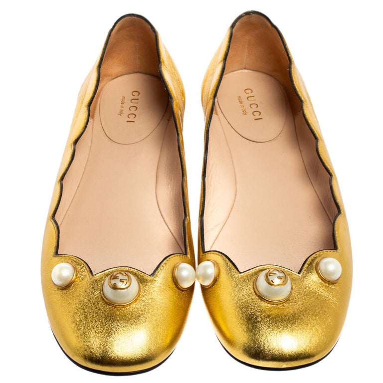 Gucci Gold Scalloped Leather Faux Pearl Embellished Flats Size 37 For ...