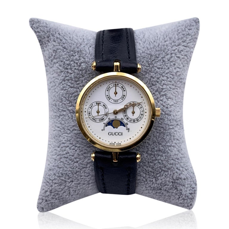 Gucci Gold Stainless Steel Moon Phase GG Logo Watch Leather Strap For ...