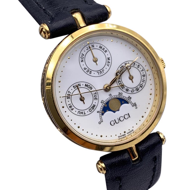 Gucci Gold Stainless Steel Moon Phase GG Logo Watch Leather Strap For ...