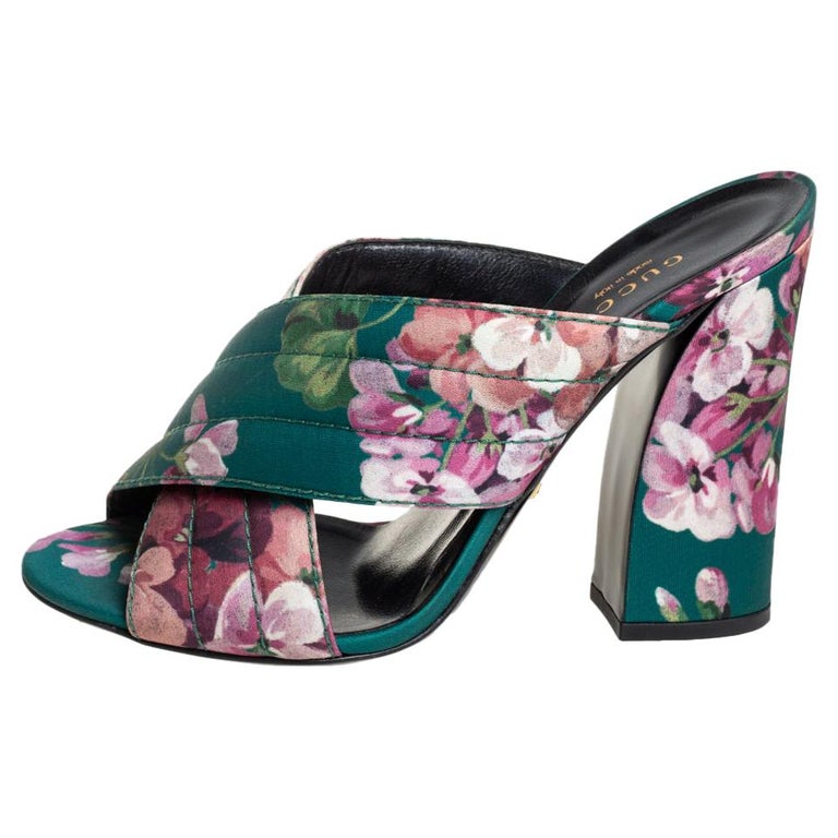 Gucci Green Floral Satin Crossover Mules Sandals Size 39 at 1stDibs