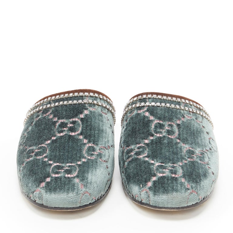 GUCCI green pink GG logo embroidery velvet crystal strass mule slippers ...