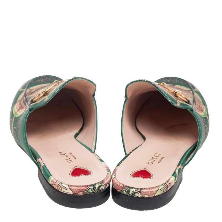 Gucci Green Printed Satin Princetown Horsebit Mules Size 40 at 1stDibs