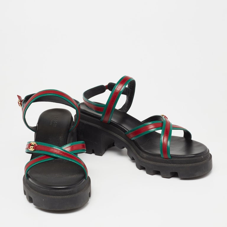 Gucci Green/Red Leather Block Heel Sandals Size 41 at 1stDibs
