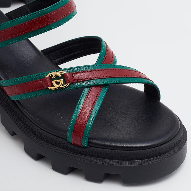 Gucci Green/Red Leather Lug Platform Slingback Sandals Size 36.5 For ...