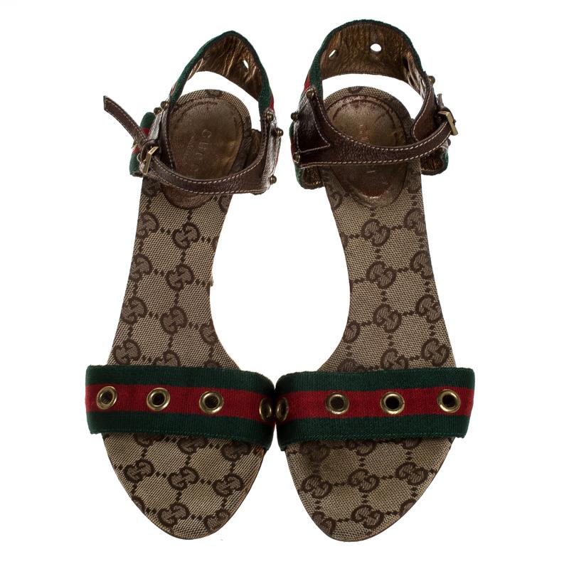 Gucci Green/Red Web Brown Leather Embellished Ankle Strap Sandals Size ...